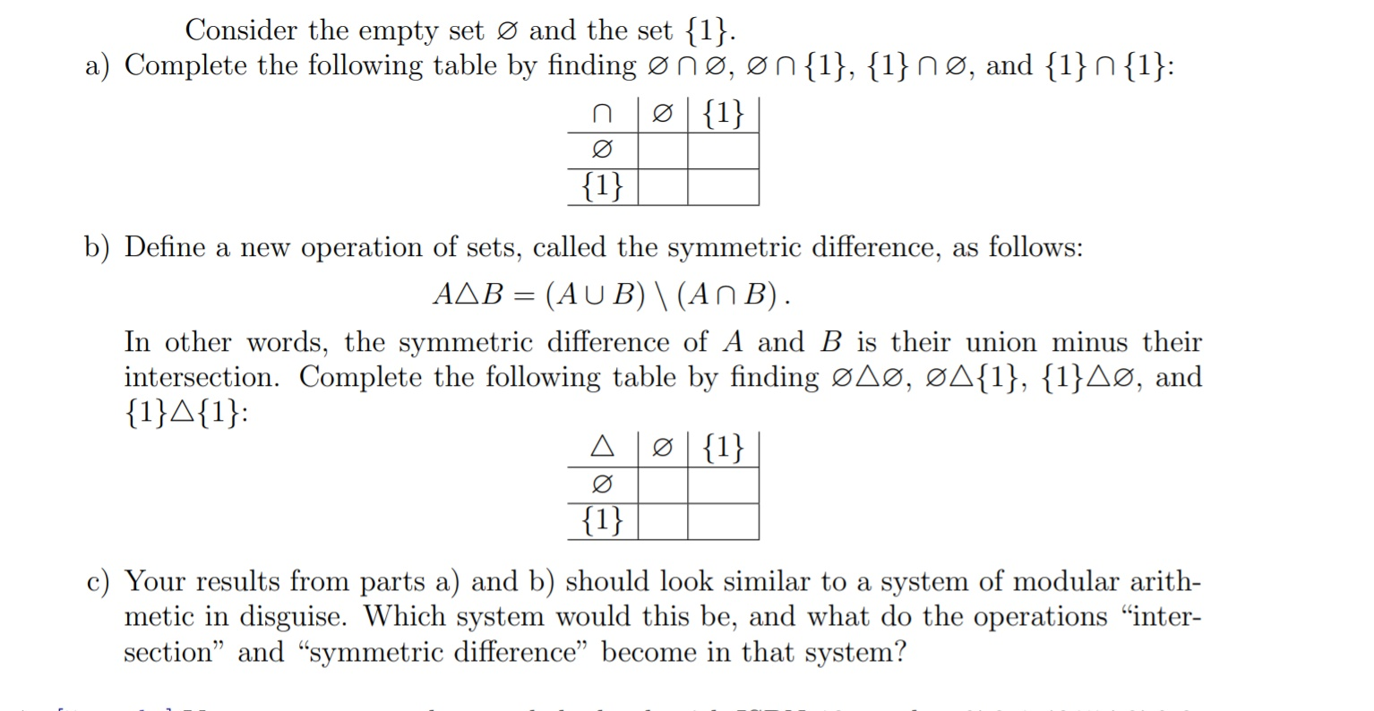 Solved Consider the empty set Ø and the set {1}. a) Complete | Chegg.com