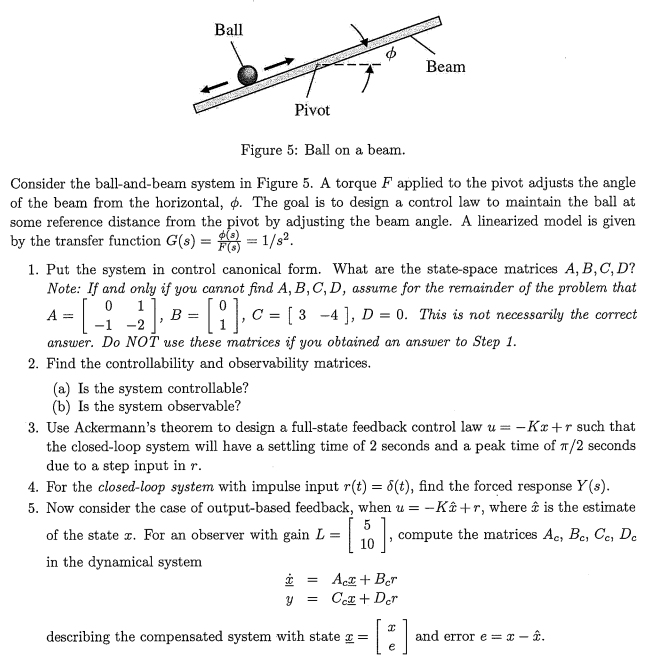 Solved Ball Beam met Pivot 4 = { [-1 -2], B = [i],c = [3 -4 | Chegg.com