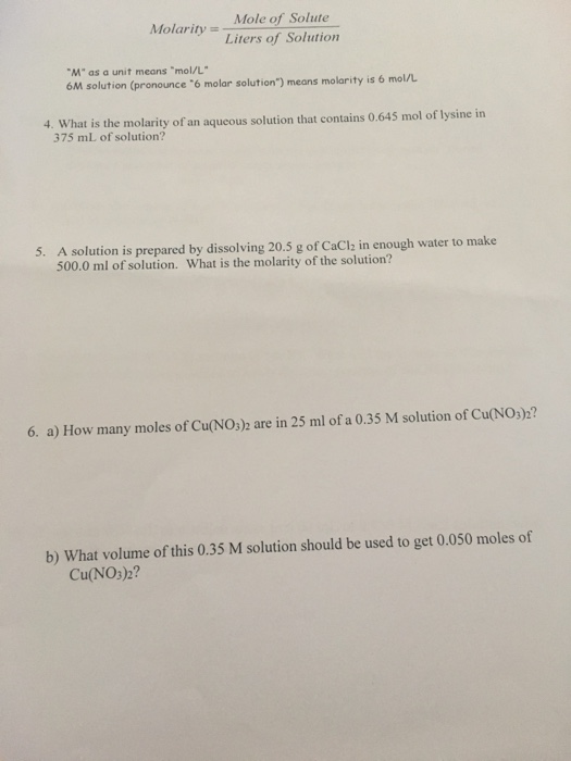 Solved Molarity = Mole of Solute Liters of Solution M. as a | Chegg.com