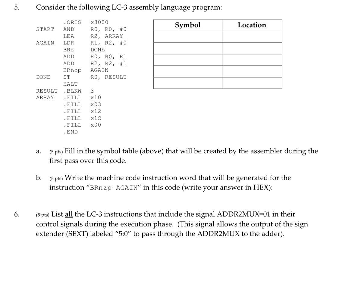 5. Consider the following LC-3 assembly language | Chegg.com