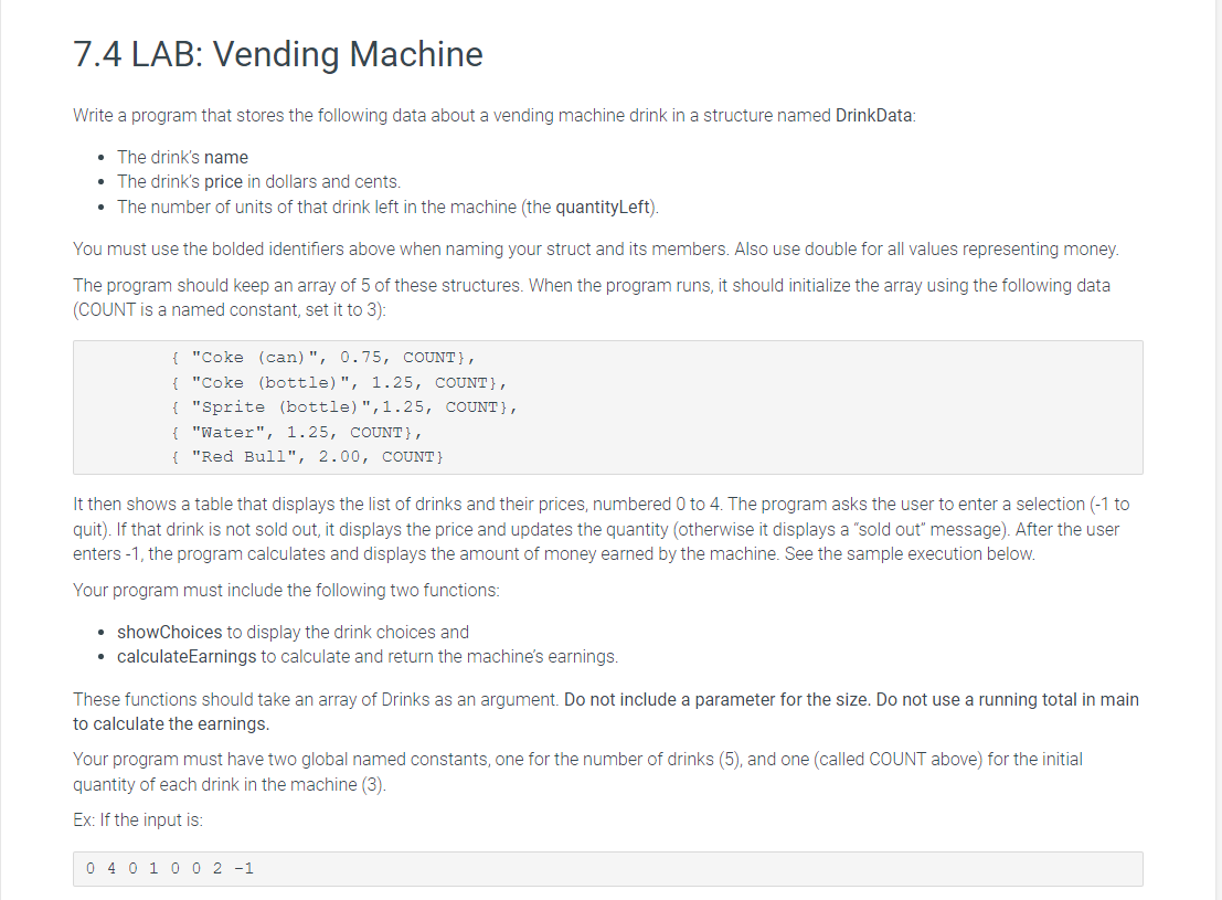 7.4 LAB: Vending Machine Write a program that stores | Chegg.com