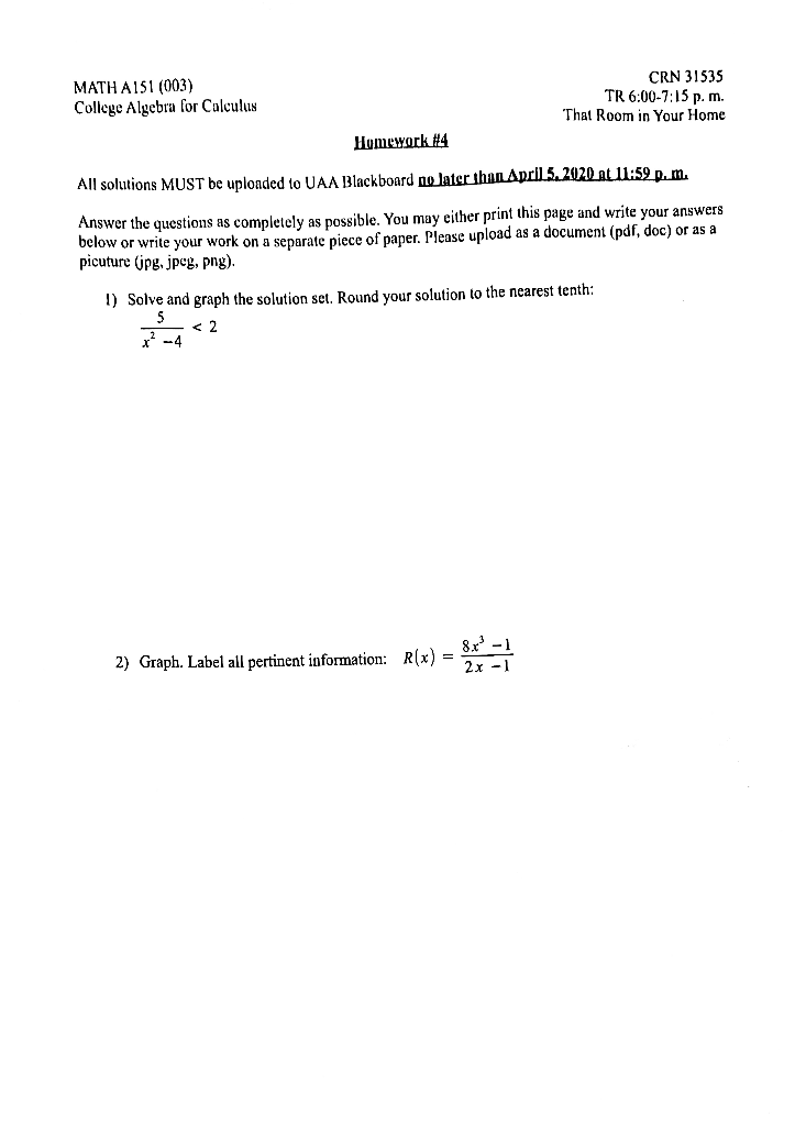 Solved MATH A151 (003) College Algebra for Calculus CRN | Chegg.com