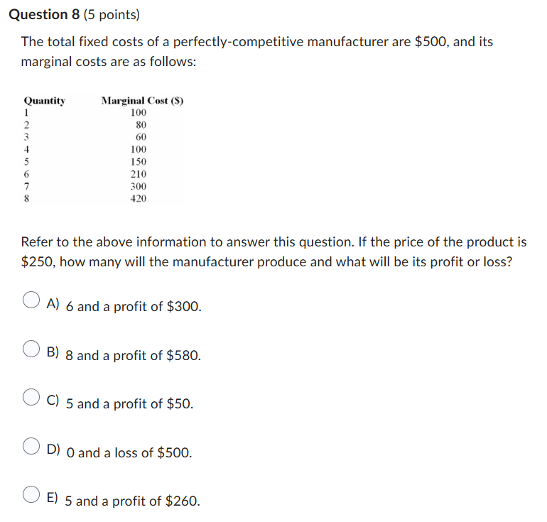 Solved Question 8 (5 ﻿points)The total fixed costs of a | Chegg.com