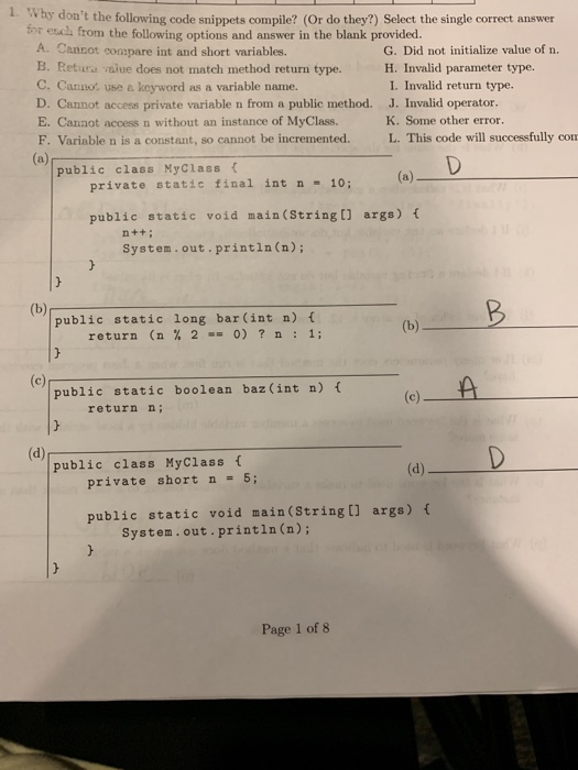 Solved 1. Why don't the following code snippets compile? (Or | Chegg.com