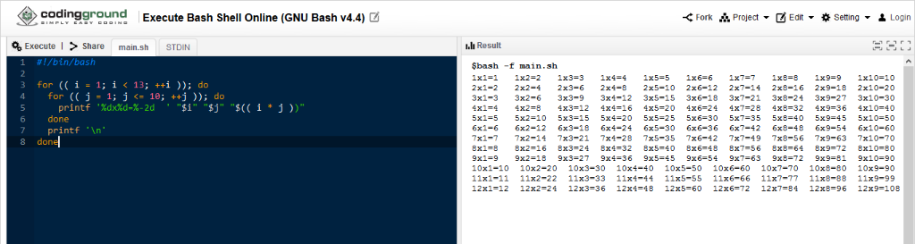 Write Bash Shell Script Display Multiplication Table Row Columns 1 12 Using Nested C Style 
