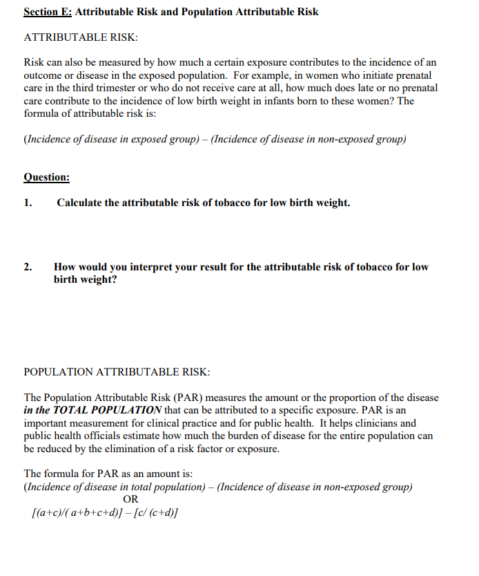 Section E: Attributable Risk and Population | Chegg.com