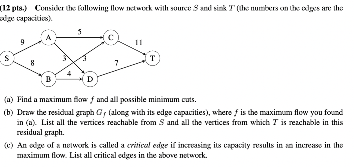 Solved (12 pts.) Consider the following flow network with | Chegg.com