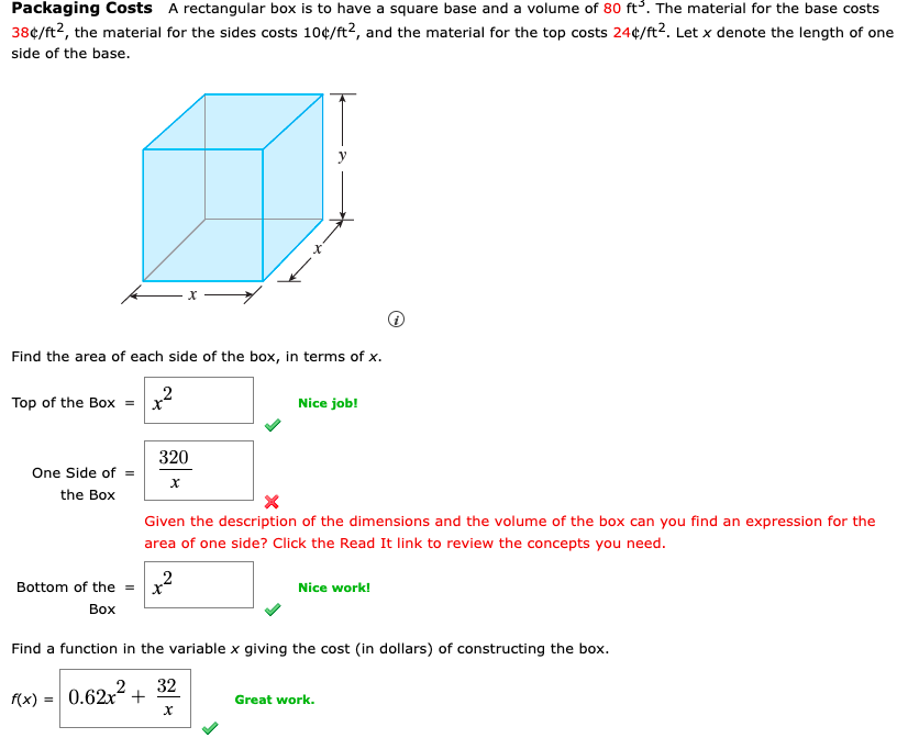 Solved Packaging Costs A rectangular box is to have a square | Chegg.com