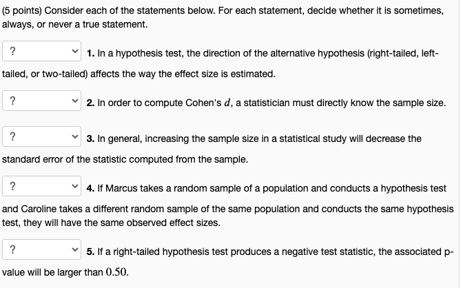 Solved (5 points) Consider each of the statements below. For | Chegg.com