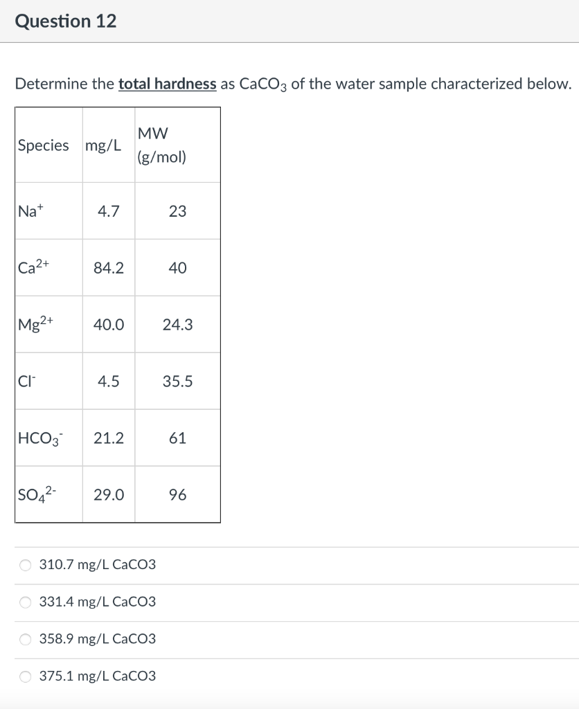 Solved Question 12 Determine the total hardness as CaCO3 of | Chegg.com