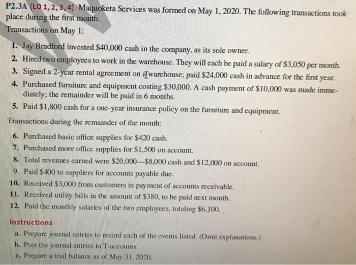 Solved P2.3A (LO 1,2,3,4) Maquoketa Services was formed on | Chegg.com