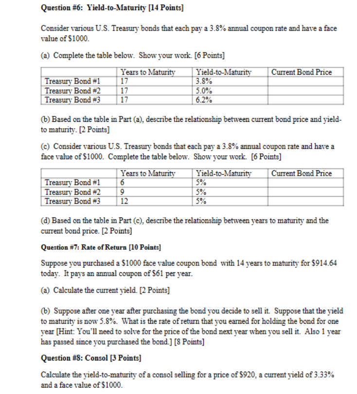 Solved Question \#6: Yield-to-Maturity [14 ﻿Points]Consider | Chegg.com