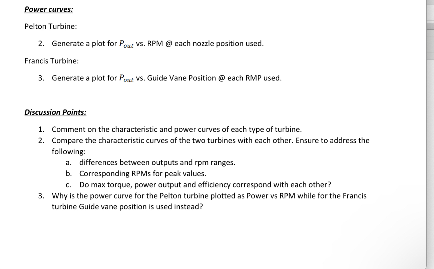 Solved Power curves:\\nPelton Turbine:\\nGenerate a plot for | Chegg.com