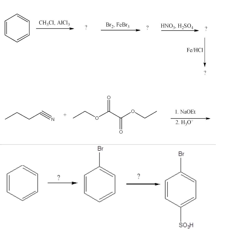 Solved CH3CI, AICI: ? Br2, FeBrz HNO3, H2SO4 Fe/HCI 1. NaOEt | Chegg.com