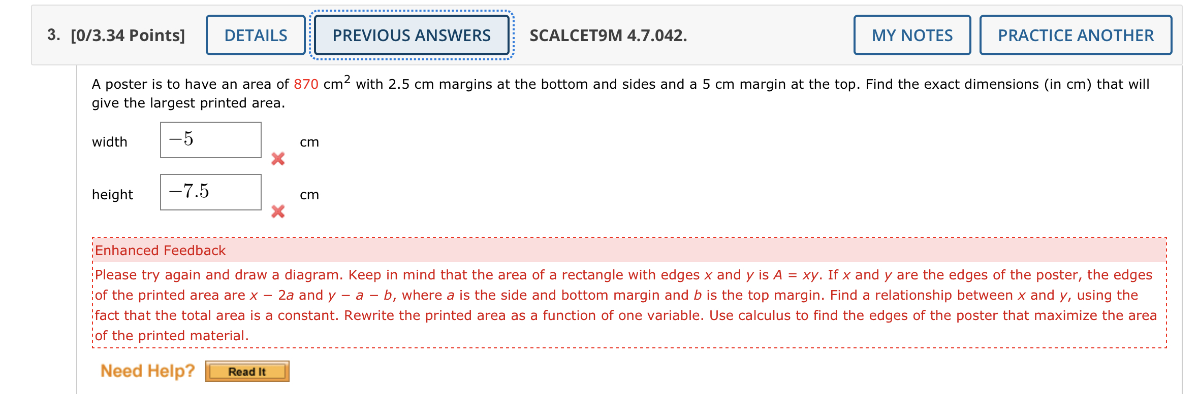 Solved A poster is to have an area of 870 cm2 with 2.5 cm | Chegg.com