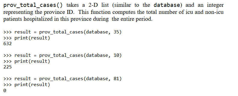 Solved prov_total_cases() takes a 2-D list (similar to the | Chegg.com
