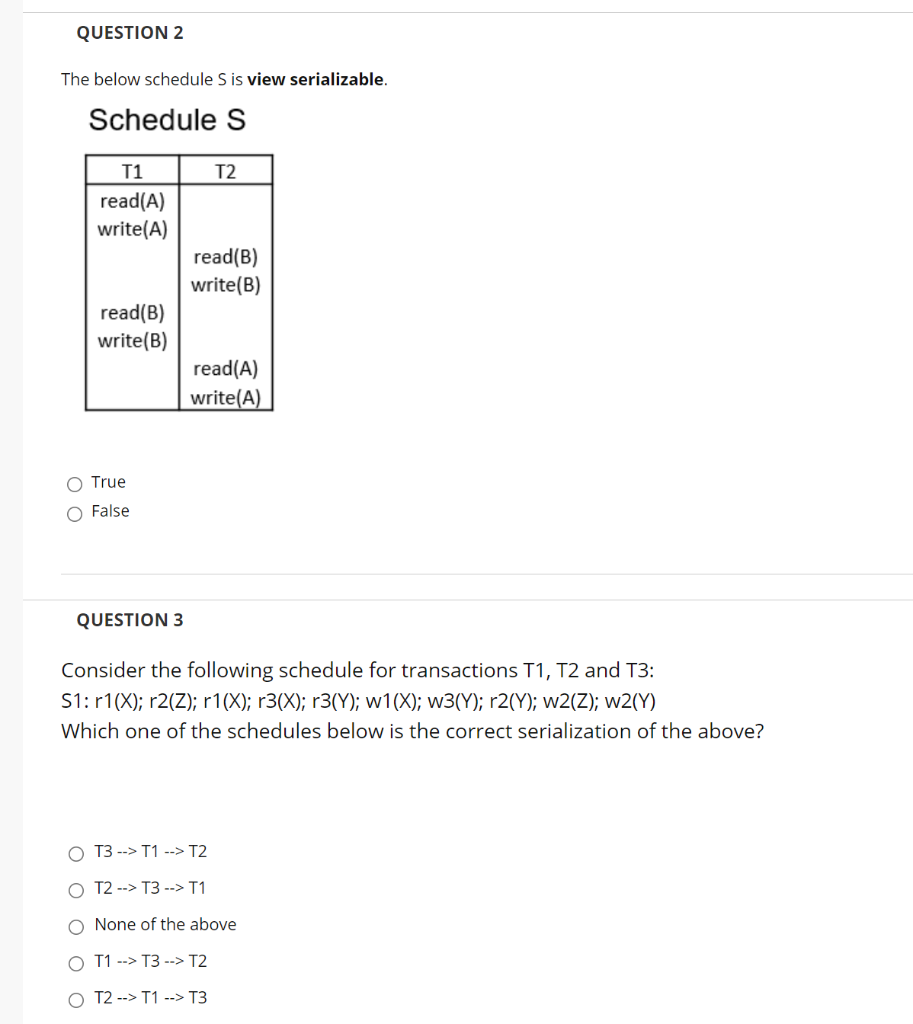 Solved QUESTION 2 The below schedule S is view serializable. | Chegg.com