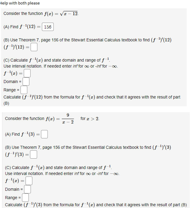 Solved Consider the function f(x)=x−12. (A) Find f−1(12)= | Chegg.com
