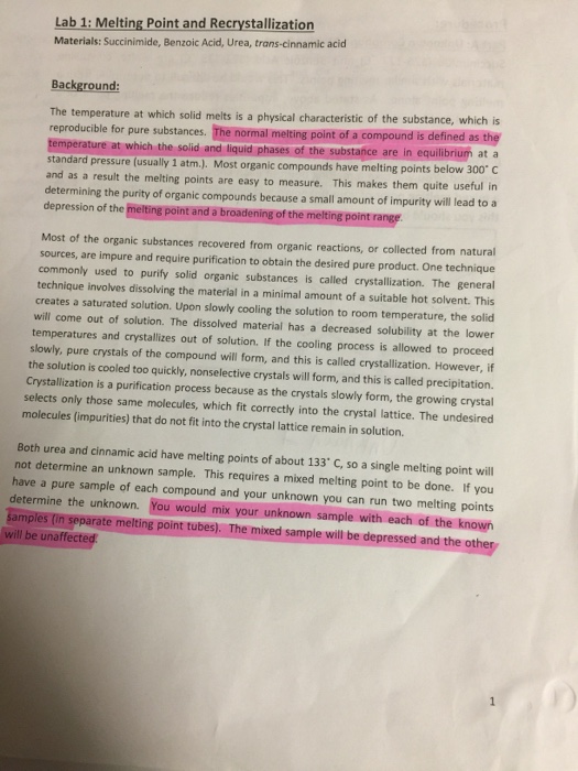Lab 1: Melting Point and Recrystallization Materials: | Chegg.com