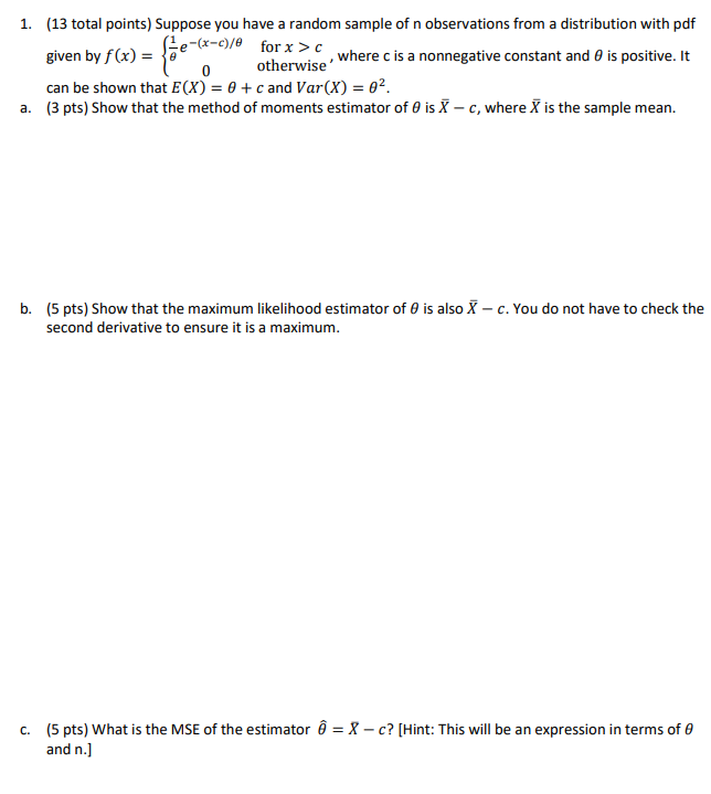 Solved 1. (13 total points) Suppose you have a random sample | Chegg.com