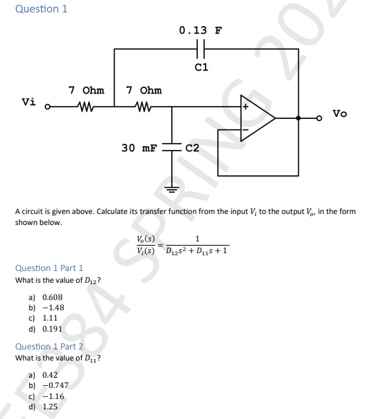 Solved A circuit is given above. Calculate its transfer | Chegg.com