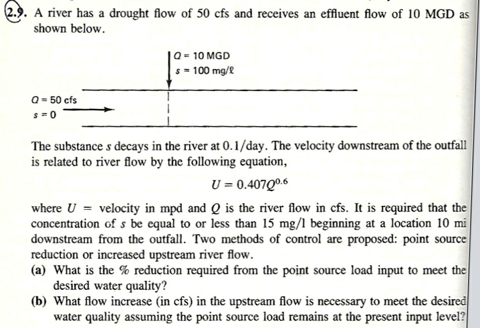Solved 2. A river has a drought flow of 50 cfs and receives | Chegg.com