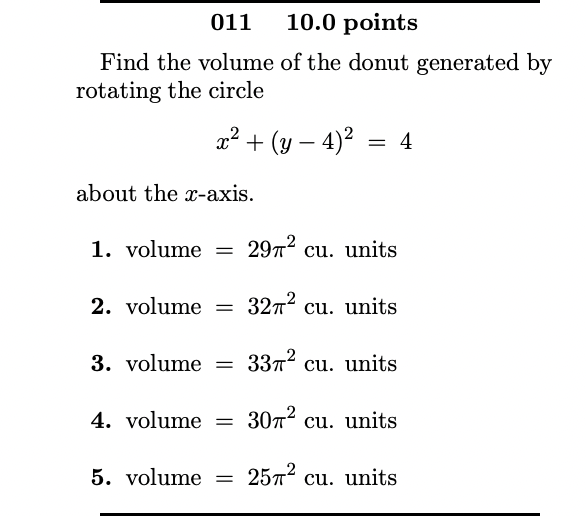 Solved 01110.0 points Find the volume of the donut generated | Chegg.com