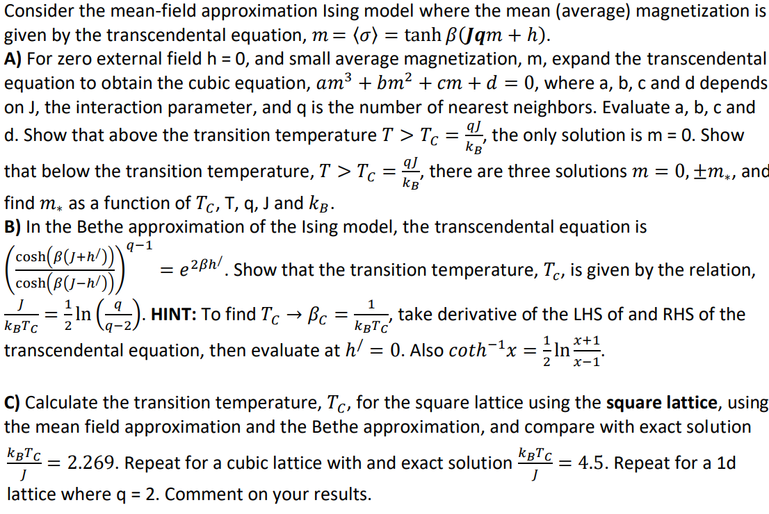 Solved Consider The Mean Field Approximation Ising Model