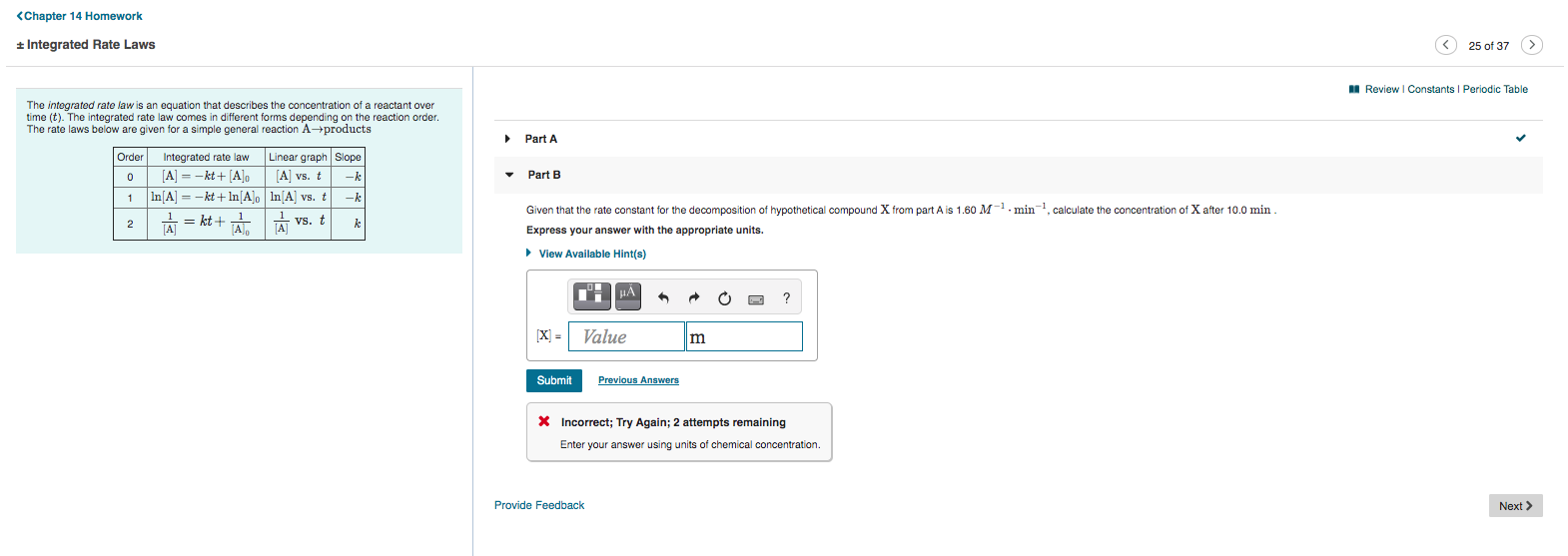 Solved (Chapter 14 Homework Integrated Rate Laws 25 of 37 I | Chegg.com