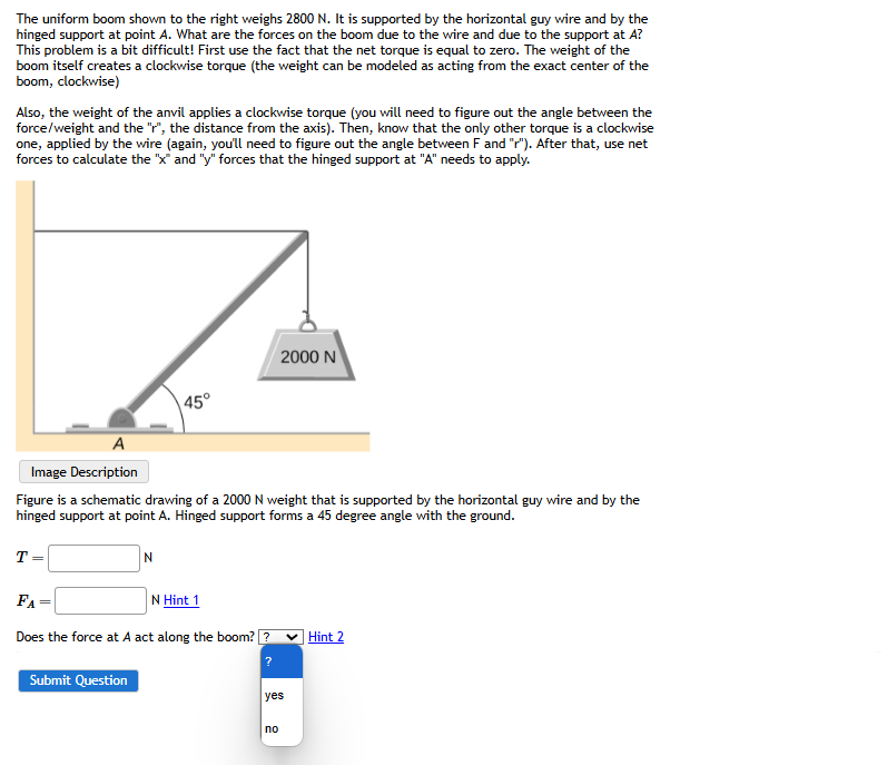 Solved The uniform boom shown to the right weighs 2800 ﻿N . | Chegg.com