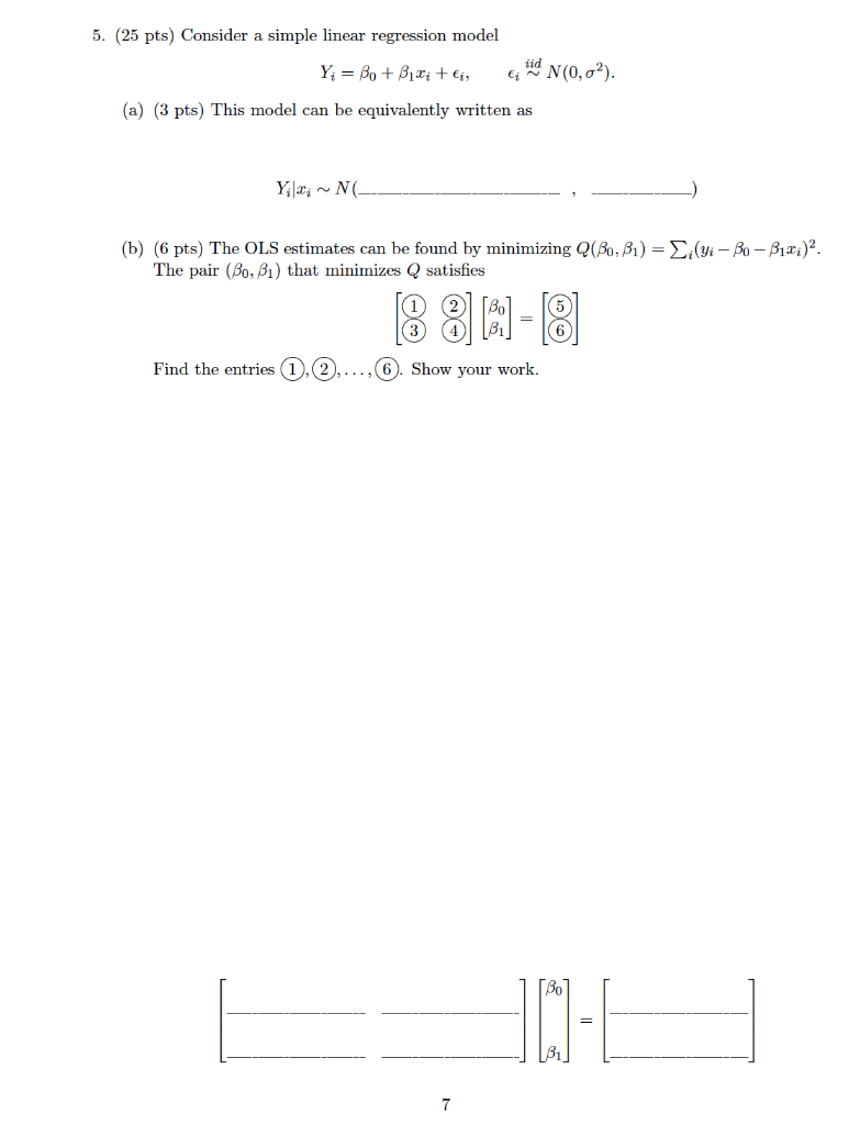 Solved 5. (25 pts) Consider a simple linear regression model | Chegg.com