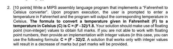 Solved 2. (10 points] Write a MIPS assembly language program | Chegg.com
