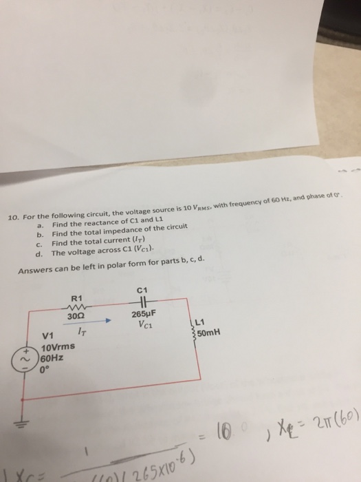 Solved the following circuit, the voltage source is 10 VRMS, | Chegg.com