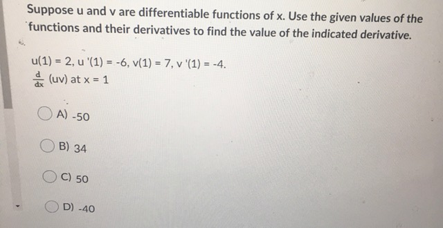 Solved Suppose u and v are differentiable functions of x. | Chegg.com