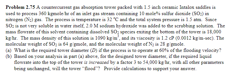 Solved Problem 2.75 ﻿A countercurrent gas absorption ﻿tower | Chegg.com
