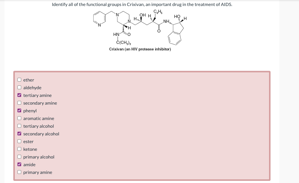 Solved Identify all of the functional groups in Crixivan, an | Chegg.com