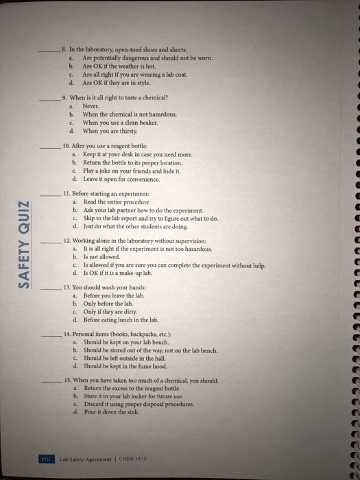 Solved 8. In the laboratory, open-toed shoes and shorts: a. | Chegg.com