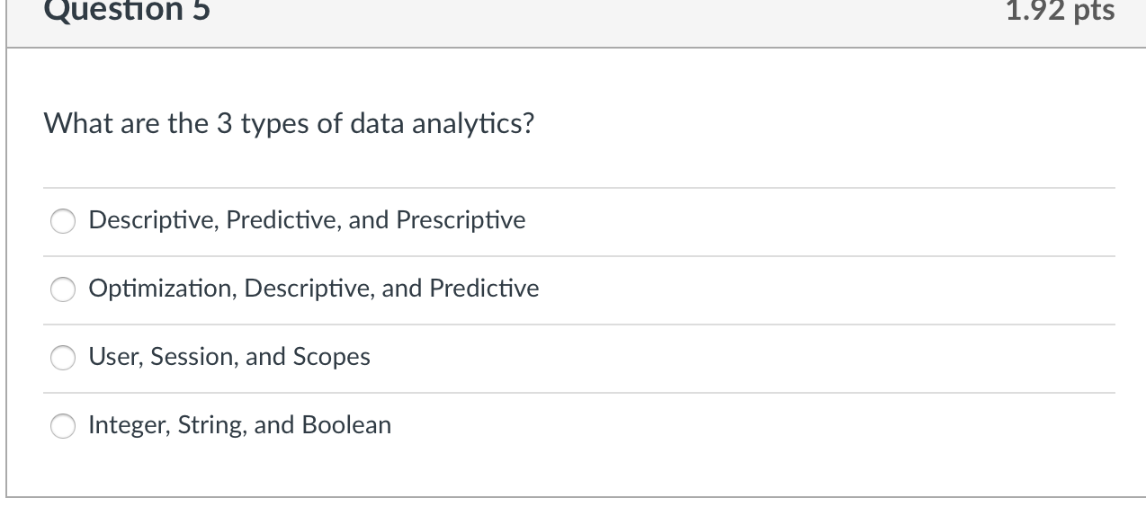 Solved Question 5 1.92 pts What are the 3 types of data | Chegg.com