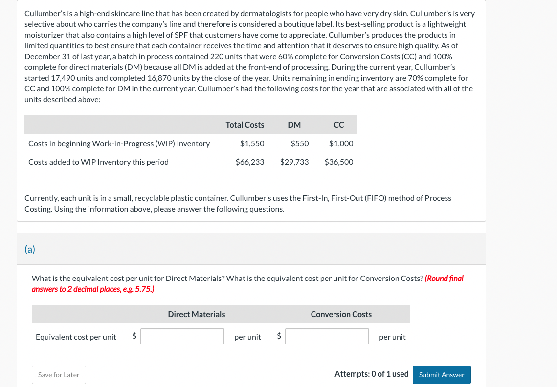 Solved Cullumber's is a high-end skincare line that has been | Chegg.com