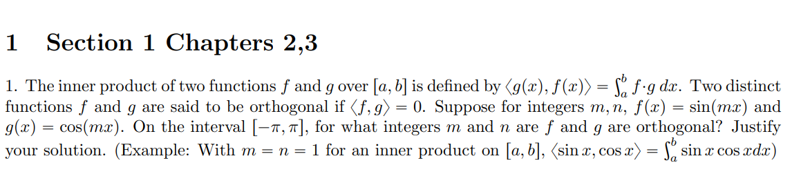Solved 1. The inner product of two functions f and g over | Chegg.com