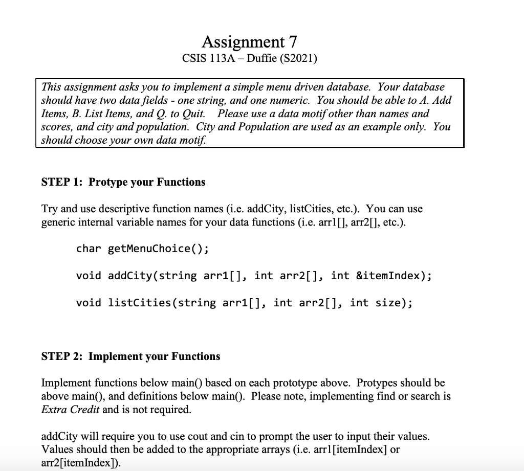 Solved Assignment 7 CSIS 113A - Duffie (S2021) This | Chegg.com