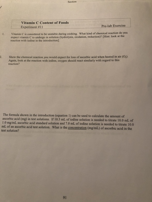 Solved Section Vitamin C Content of Foods Experiment #11 | Chegg.com