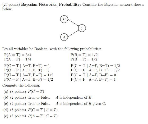 Solved (26 points) Bayesian Networks, Probability: Consider | Chegg.com