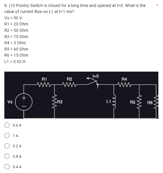 Solved 8. (10 Points) Switch is closed for a long time and | Chegg.com