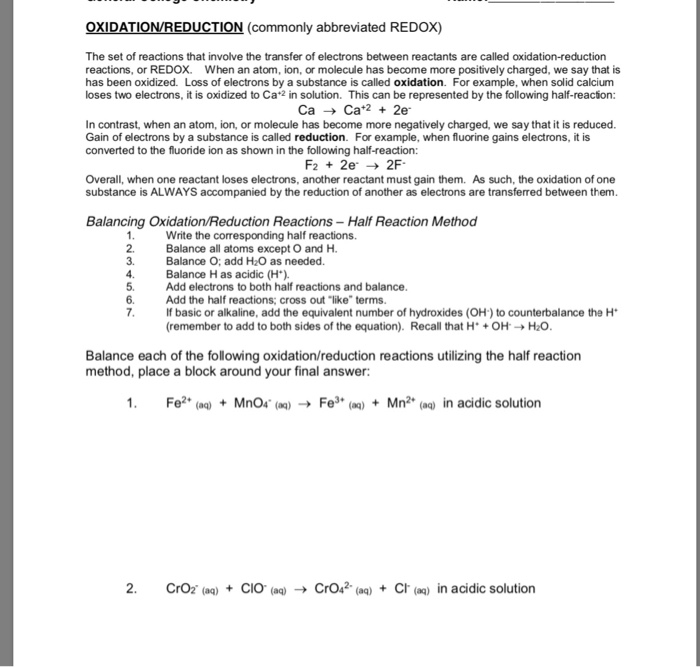 Solved OXIDATION/REDUCTION (commonly abbreviated REDOX) The | Chegg.com