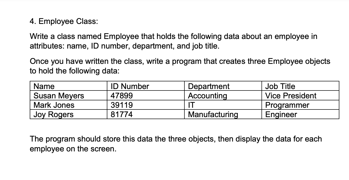 Solved 4. Employee Class: Write a class named Employee that | Chegg.com