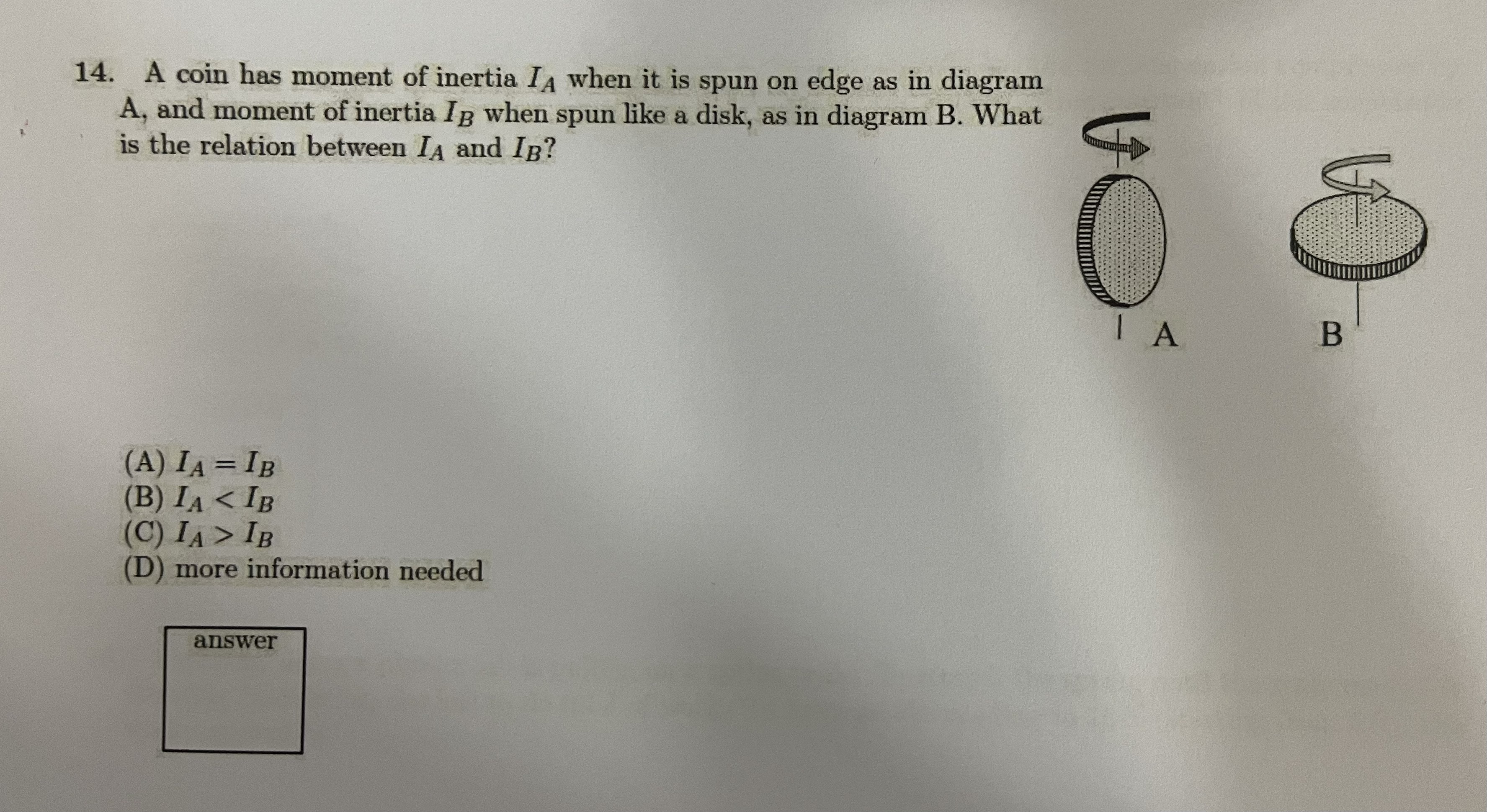 Solved 14. A coin has moment of inertia IA when it is spun | Chegg.com