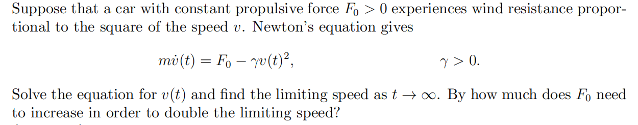 Solved Suppose that a car with constant propulsive force | Chegg.com