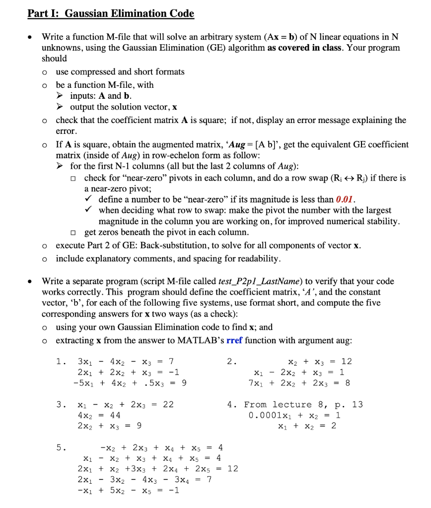 Part I: Gaussian Elimination Code O o Write a | Chegg.com