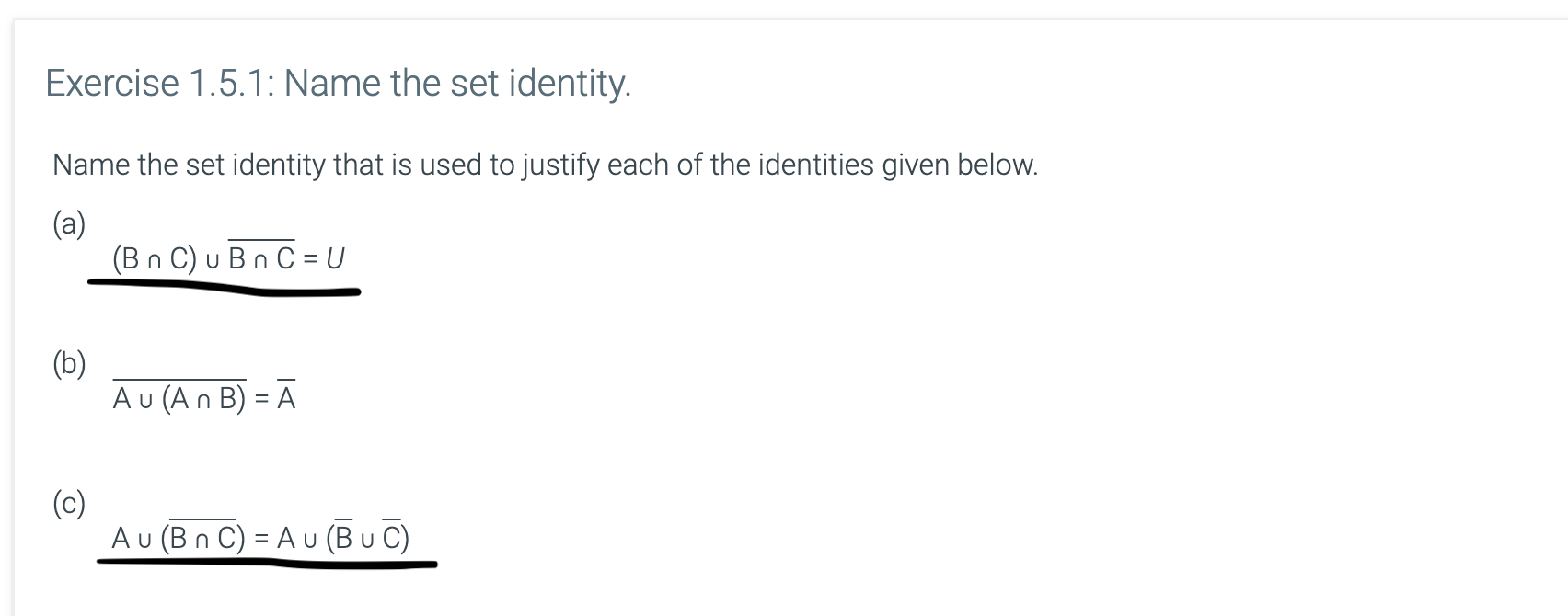 Solved Exercise 1.5.2: Proving set identities. i About Use | Chegg.com